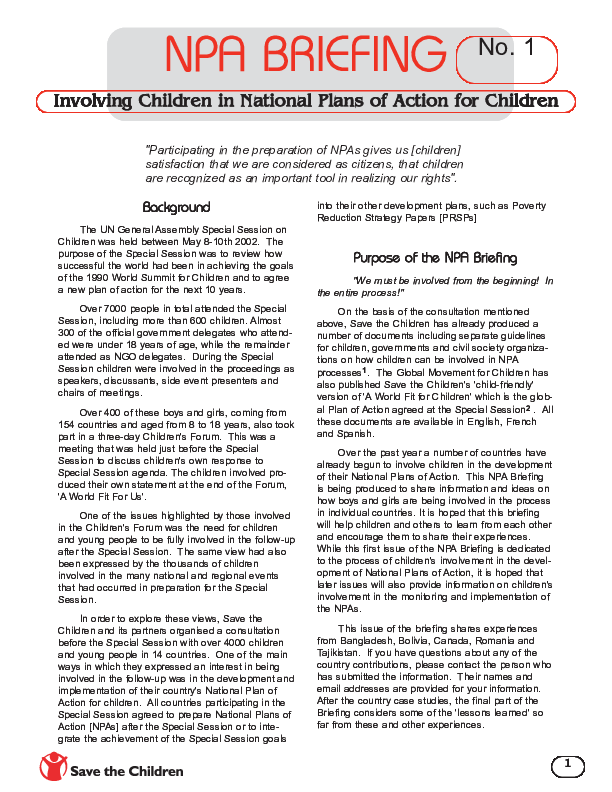 NPA Briefing No. 1 : Involving Children in National Plans of Action for ...