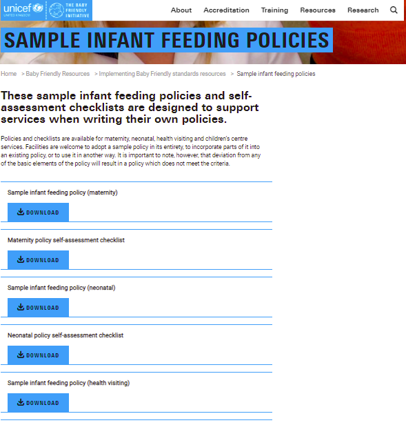 Sample Infant Feeding Policies | Save the Children’s Resource Centre